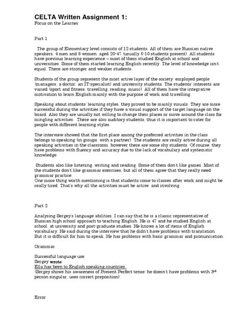 Celta Focus On Learner Assignment 1 Pdf English Language Second Language