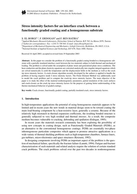 Pdf Stress Intensity Factors For An Interface Crack Between A Functionally Graded Coating And
