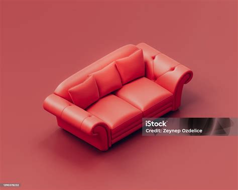 빨간 방에있는 단색 단색 빨간 소파 아이소메트릭 싱글 레드 소파 3d 렌더링 등측투영법에 대한 스톡 사진 및 기타 이미지