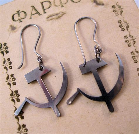 2499 Vintage Ussr Russia Hammer And Sickle Drop Dangle Silver Earrings