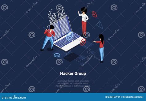 Hacker Group Concept Illustration In Cartoon 3d Style Isometric Vector Composition On Dark Blue