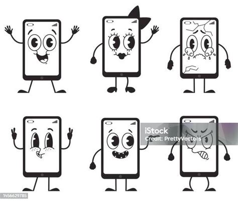 만화 휴대 전화 스마트 폰 캐릭터 마스코트는 얼굴 감정 손과 다리 복고풍 스타일의 디지털 장치 개념 세트 벡터 만화 그래픽 디자인 요소 그림 볼테르 인조에 대한 스톡 벡터