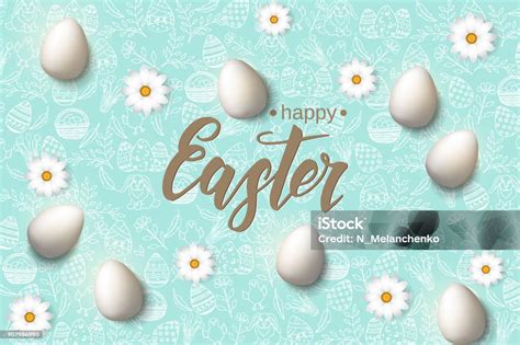 계란 카모마일 손으로 만든 유행 부활절 포스터 유월 절 기호 스케치 스타일에서 블루 패턴에 행복 한 부활절를 문자 배너 전단지 브로셔입니다 휴일 엽서 웹 사이트에 대 한