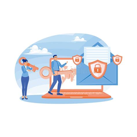 Man And Woman Holding Key Protecting Computer Data From Crime Email Encryption Concept Stock