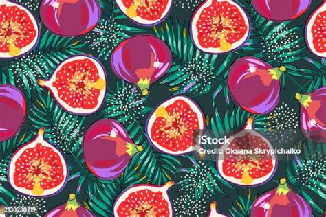 무화과와 열대 잎이 있는 완벽 한 패턴입니다 어두운 배경에 밝은 화려한 과일과 야자수 잎 전체 무화과 반 손으로 그렸습니다 카툰 디자인 벡터 일러스트 레이 션입니다 0명에