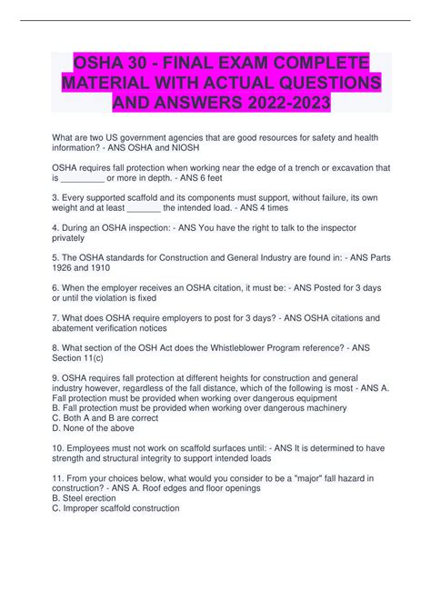 Osha 30 Final Exam Questions And Answers Solution Osha 30 C