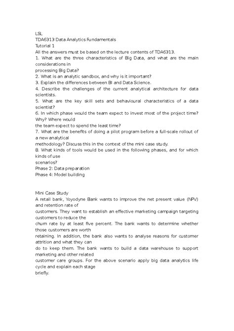 Tda Tut1 Practice Lsl Tda6313 Data Analytics Fundamentals Tutorial 1 All The Answers Must Be