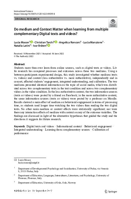 Pdf Do Medium And Context Matter When Learning From Multiple Complementary Digital Texts And