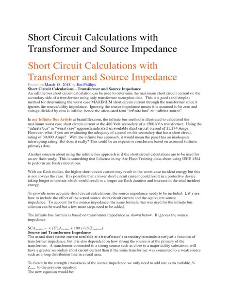 Short Circuit Calculations With Transformer And Source Impedance Pdf Transformer