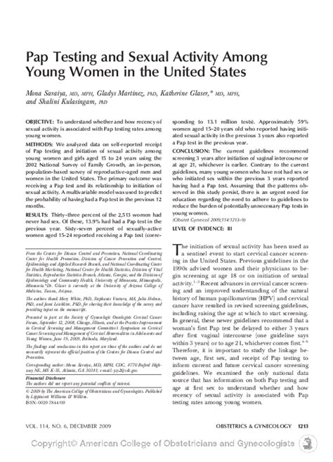 Pdf Pap Testing And Sexual Activity Among Young Women In The United