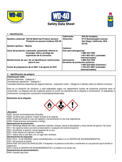 wd40 aerosol hoja seguridad 1 pdf agua combustión