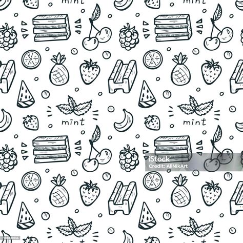 과자입니다 버블 껌 과일 딸기 완벽 한 패턴입니다 손으로 그린 낙서 씹는 잇 몸 벡터 일러스트 레이 션 개체 그룹에 대한 스톡