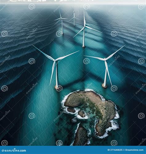 Wind Turbines In Ocean And Clouded Sky Created Using Generative Ai Technology Stock