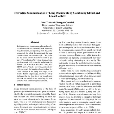Extractive Summarization Of Long Documents By Combining Global And Local Context Acl Anthology