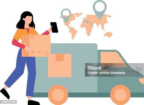 A Girl Is Loading A Parcel Into A Delivery Truck向量圖形及更多交通方式圖片 交通方式 包裹 卡通 Istock