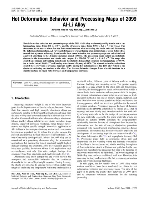 Pdf Hot Deformation Behavior And Processing Maps Of 2099 Al Li Alloy