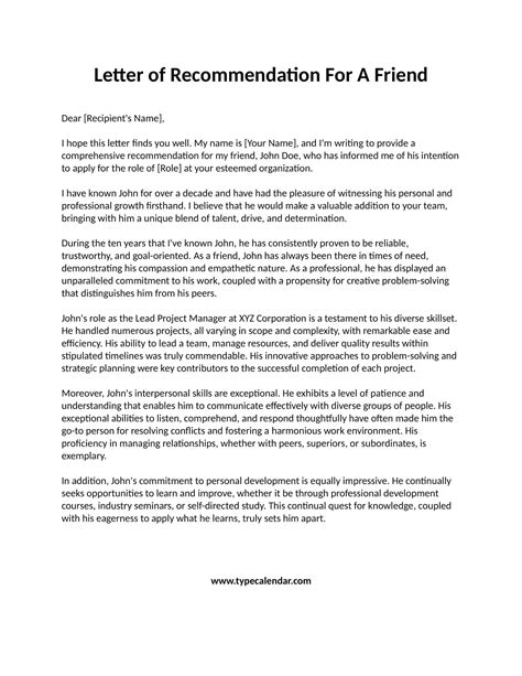 Free Printable Letter Of Recommendation For A Friend Template Pdf