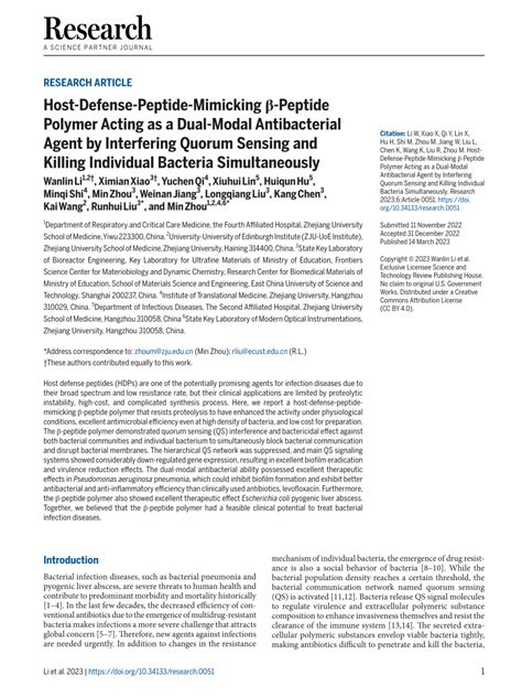 PDF Host Defense Peptide Mimicking β Peptide Polymer Acting as a Dual Modal Antibacterial