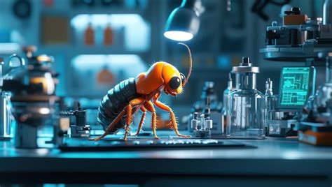 A Bug In The Lab A Cyborg Insect In A Futuristic Scientific Setting Premium Ai Generated Image