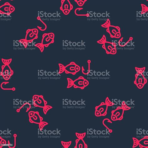 검은 배경에 물고기 아이콘 고립 된 원활한 패턴과 물 아래 빨간 줄 낚시 후크 낚시 태클 벡터 가시 철사에 대한 스톡 벡터 아트