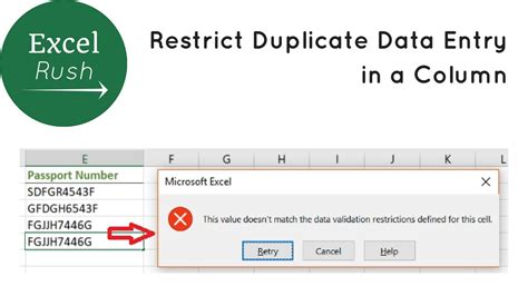 How To Restrict Duplicate Data Entry In A Column In Excel Youtube