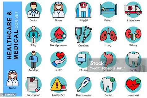 의료 아이콘 세트 의사 간호사 병원 등 색상이 지정된 윤곽선 아이콘 스타일입니다 건강 관리와 관련된 아이콘입니다 의료 요소 벡터