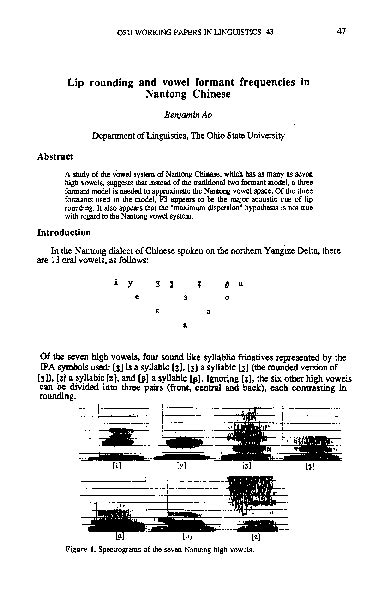 Pdf Lip Rounding And Vowel Formant Frequencies In Nantong Chinese Benjamin Ao