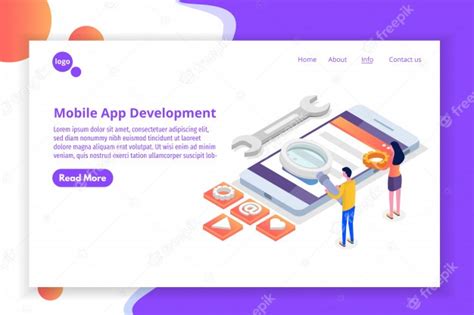 모바일 앱 개발 아이소 메트릭 개념 방문 페이지 템플릿 삽화 프리미엄 벡터