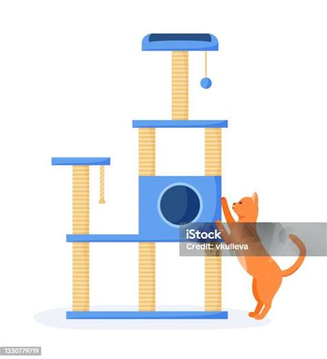 고양이 나무 또는 긁힘 게시물과 집 고양이 타워에 관심이 있고 긁는 귀여운 빨간 고양이 발톱 깎기와 고양이 놀이터 플랫 스타일 벡터 가구에 대한 스톡 벡터 아트 및 기타