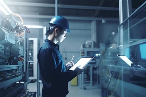 Premium Photo Technician Manager Industrial Engineer Controlling Roboticts On Monitoring