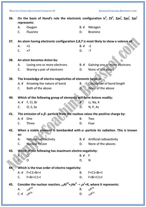 Adamjee Coaching Xi Chemistry Mcqs Atomic Structure