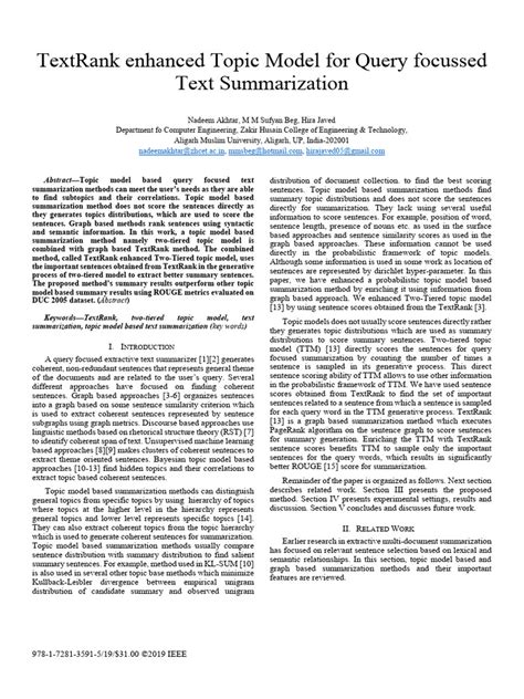 Textrank Enhanced Topic Model For Query Focussed Text Summarization Pdf Cognitive Science