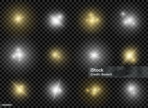 현실적인 노란색과 흰색 빛과 빛효과 투명 배경에 고립 큰 팩 반짝임과 폭발 효과 별과 광선 벡터 일러스트레이션 0명에 대한 스톡 벡터 아트 및 기타 이미지 Istock