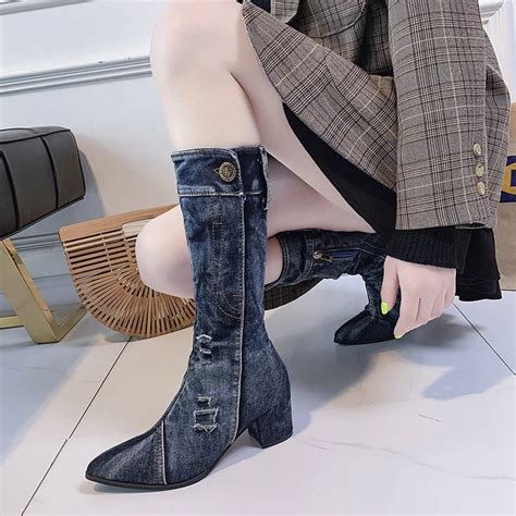 여성 데님 부팅 니 하이 부츠 지퍼 하이힐 세련된 청바지 숙녀 신발 카우보이 티몬