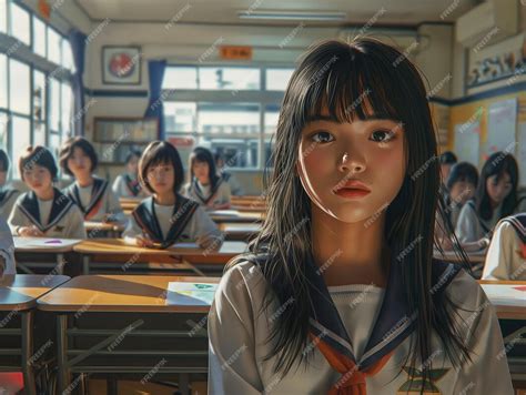 Japanese Schoolgirl In A Classroom With Classmates In The Background