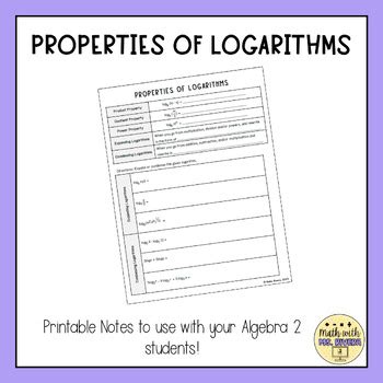 Properties Of Logarithmic Functions Guided Notes For Algebra Printable No Prep