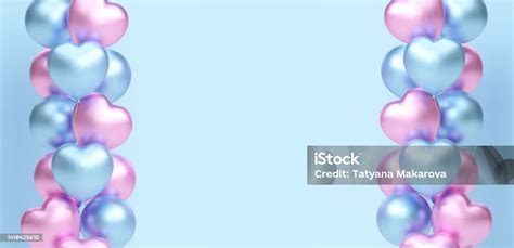 꽃다발 현실적인 분홍색과 파란색 풍선이 날아 다니는 무리 카드 베이비 샤워 성별 공개 파티 초대장 디자인 전단지 포스터 장식 배너 웹 광고에 대한 벡터 일러스트 레이 션 0