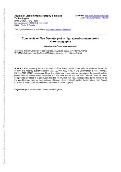 Pdf Comments On Van Deemter Plot In High Speed Countercurrent Chromatography