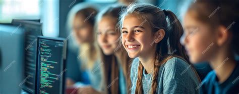 Elementary School Students Happily Learning Computer Programming In A