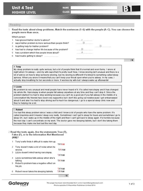 B1 Unit 4 Test 2 Pdf Sleep Physician