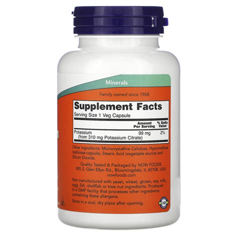 NOW Foods, калий цитрат, Potassium, 99 мг, 180 капсул — Купить добавки ...