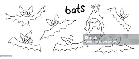 벡터 귀여운 윤곽 박쥐 손 만화 낙서 스타일에 그려진 흰색 배경에 격리 된 검은 윤곽 그림 할로윈 디자인 인사말 카드 어린이 색칠 페이지용 0명에 대한 스톡 벡터 아트 및