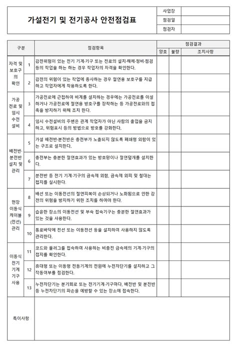 가설전기 및 전기공사 안전점검표