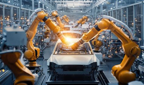 Automated Robotic Arms Assembling A Car In A High Tech Industrial