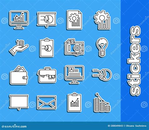 Set Line Pie Chart Infographic And Coin Light Bulb With Concept Of Idea Document Clipboard