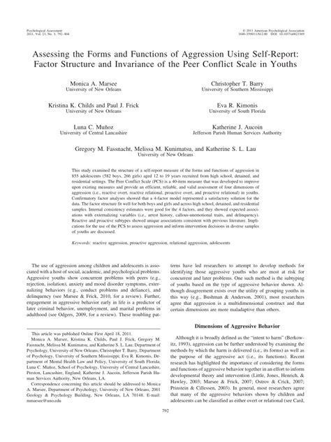 Pdf Assessing The Forms And Functions Of Aggression Using Self Report