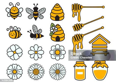 꿀벌 번들 범블 비 세트 벌집 꿀 항아리 여왕벌 꿀 디퍼 귀여운 만화 버그 호박벌집에 대한 스톡 벡터 아트 및 기타 이미지