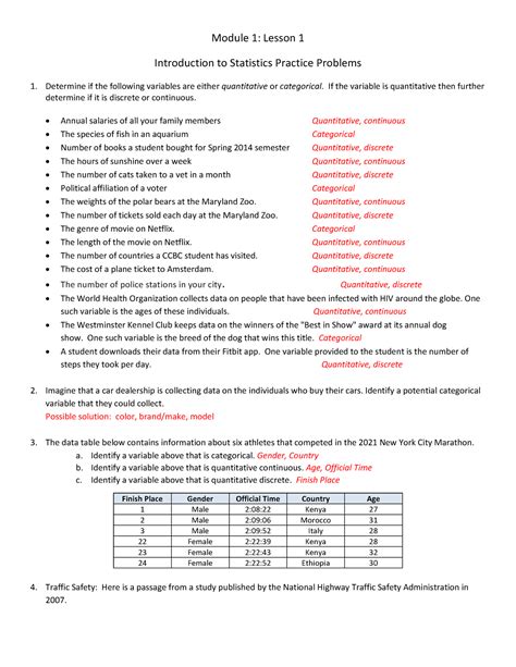 Module 1 Lesson 1 Practice Problems KEY 22 Module 1 Lesson 1 Introduction To Statistics