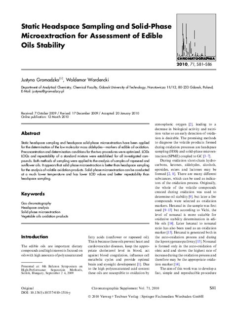 Pdf Static Headspace Sampling And Solid Phase Microextraction For Assessment Of Edible Oils