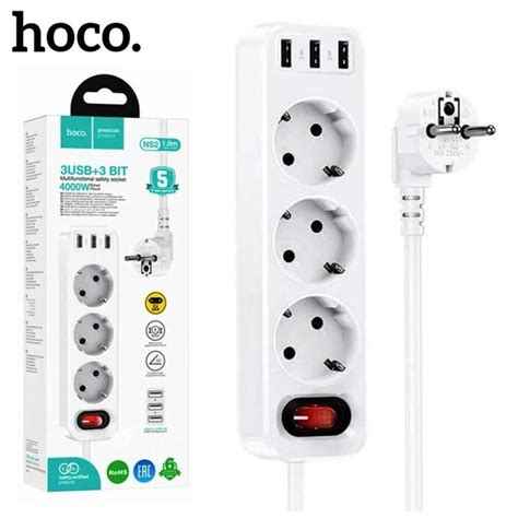 Сетевой фильтр Hoco 3USB + 3 розетки 4000 Вт кабель 1,8м NS2 White (NS2 ...